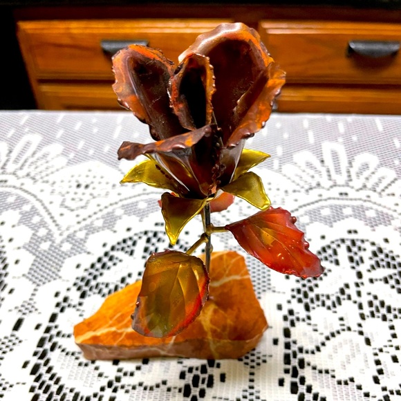 Art | Vintage Artdeco Metal Rose On A Rust Stone Base | Poshmark